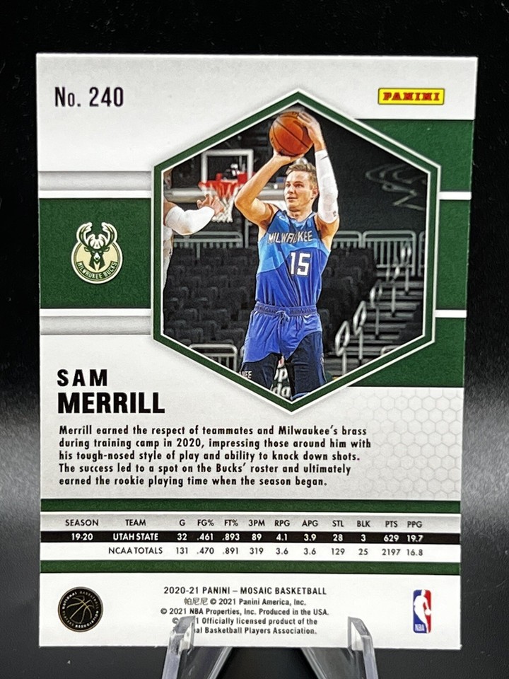 2020-21 Panini Mosaic Sam Merrill Rookie Card RC #240 Milwaukee Bucks ...