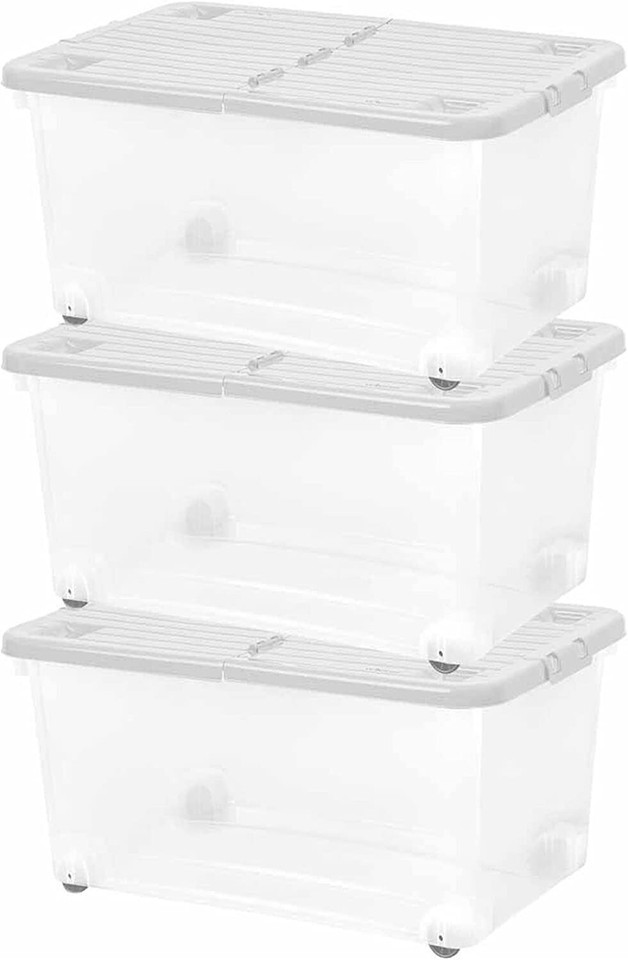 Wheeled Plastic Storage Boxes With Folding Split Lids Strong Stackable ...