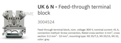 PHOENIX CONTACT UK-6N 3004524 UK 6 N - Feed-through terminal block ...