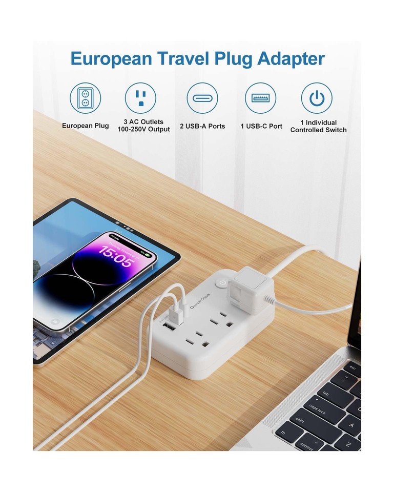Type E F Plug Adapter, Germany France Travel Plug Adapter with 3 Ou ...