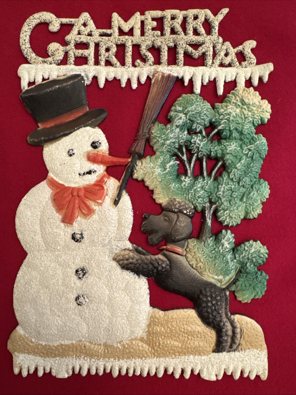 Vtg German Die Cut Embossed Cardboard “A Merry Christmas” Snowman With ...