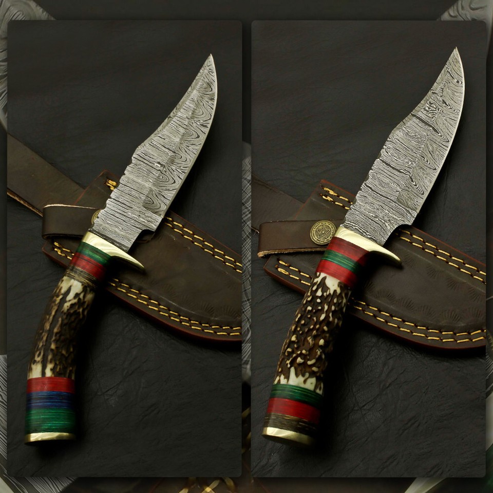 LOT OF 2 CUSTOM MADE HAND FORGED DAMASCUS HUNTING/SKINNING KNIFE/STAG ...