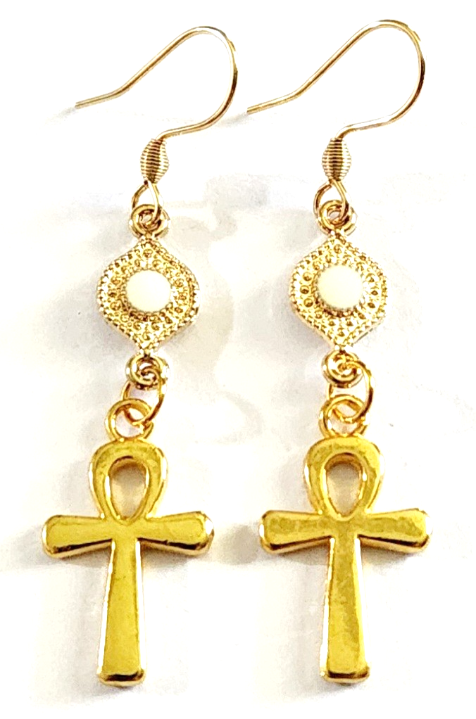 *GOLD PLATED WHITE EYE CONNECTOR & RELIGIOUS ANKH PENDANT EARRINGS ...