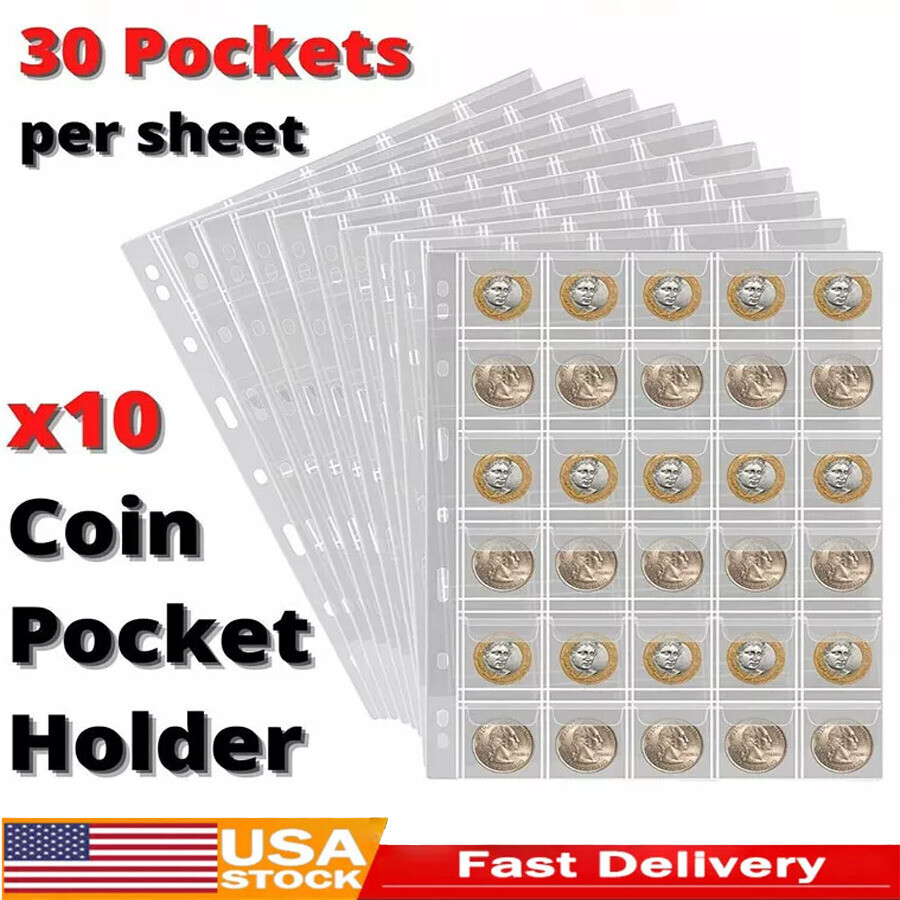 10 Sheets Coin Collection Supplies Pages, Coins Collecting Pocket Page ...