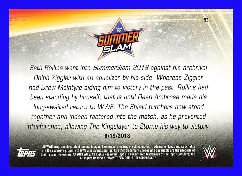 2019 Topps WWE Summerslam #93 Seth Rollins Wins Intercontinental ...