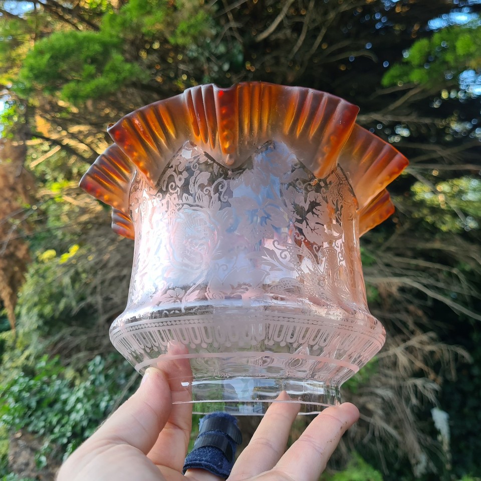 Original Victorian Amber Orange Nouveau Crimped Glass Oil Lamp Shade 4 ...