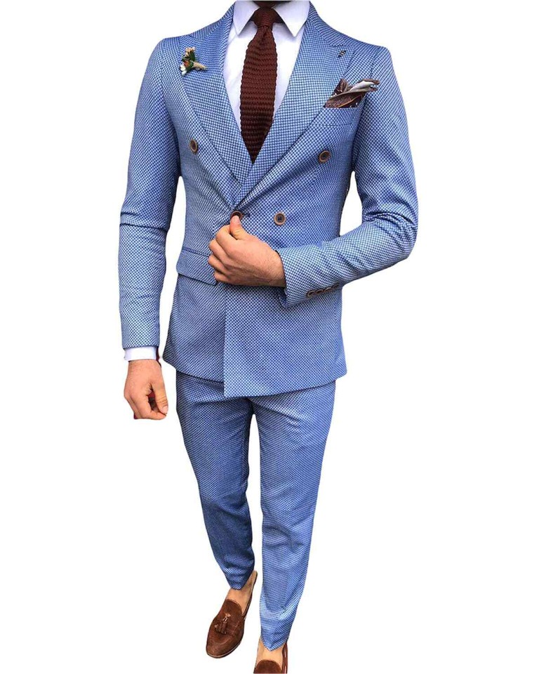 Designer Two Rows of Buttons Suit Blue White Plaid Suit Fitted Shirt ...