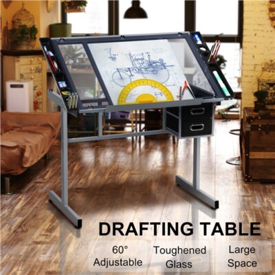 Rolling Drafting Table Angle Adjustable Drawing Artwork Desk with Glass ...