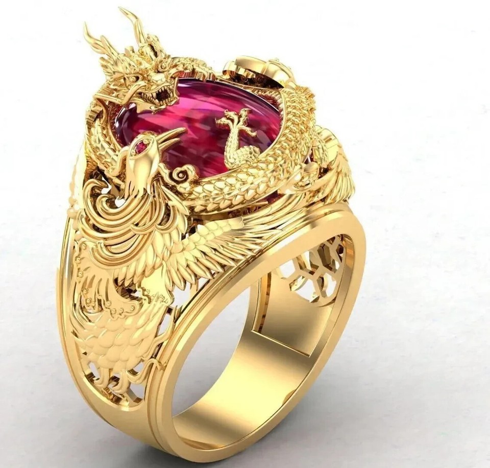 3.00Ct Oval Cut Lab Created Red Ruby Dragon Faced Ring 14K Yellow Gold ...