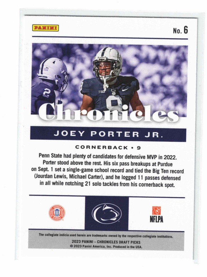 2023 Panini Chronicles Draft Picks Joey Porter Jr #6 | eBay