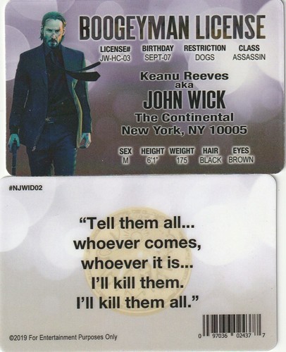 JOHN WICK Keanu Reeves BOOGEYMAN New York card Drivers License novelty ...