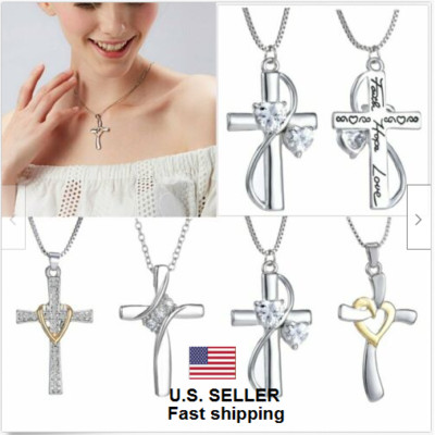 Women Girls Fashion Cross White Gold Plated Crystal Necklace Pendant ...
