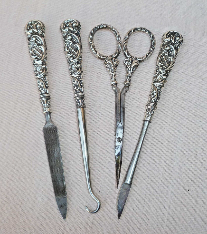 ANTIQUE BOXED REPOUSSE SILVER MANICURE SET TOOLS – BUTTON HOOK ...