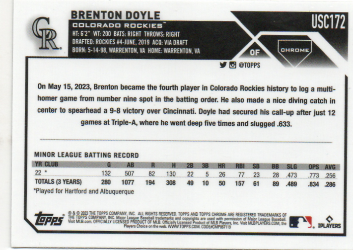 BRENTON DOYLE 2023 TOPPS CHROME UPDATE ROOKIE CARD #USC172 ORIOLES A90 ...