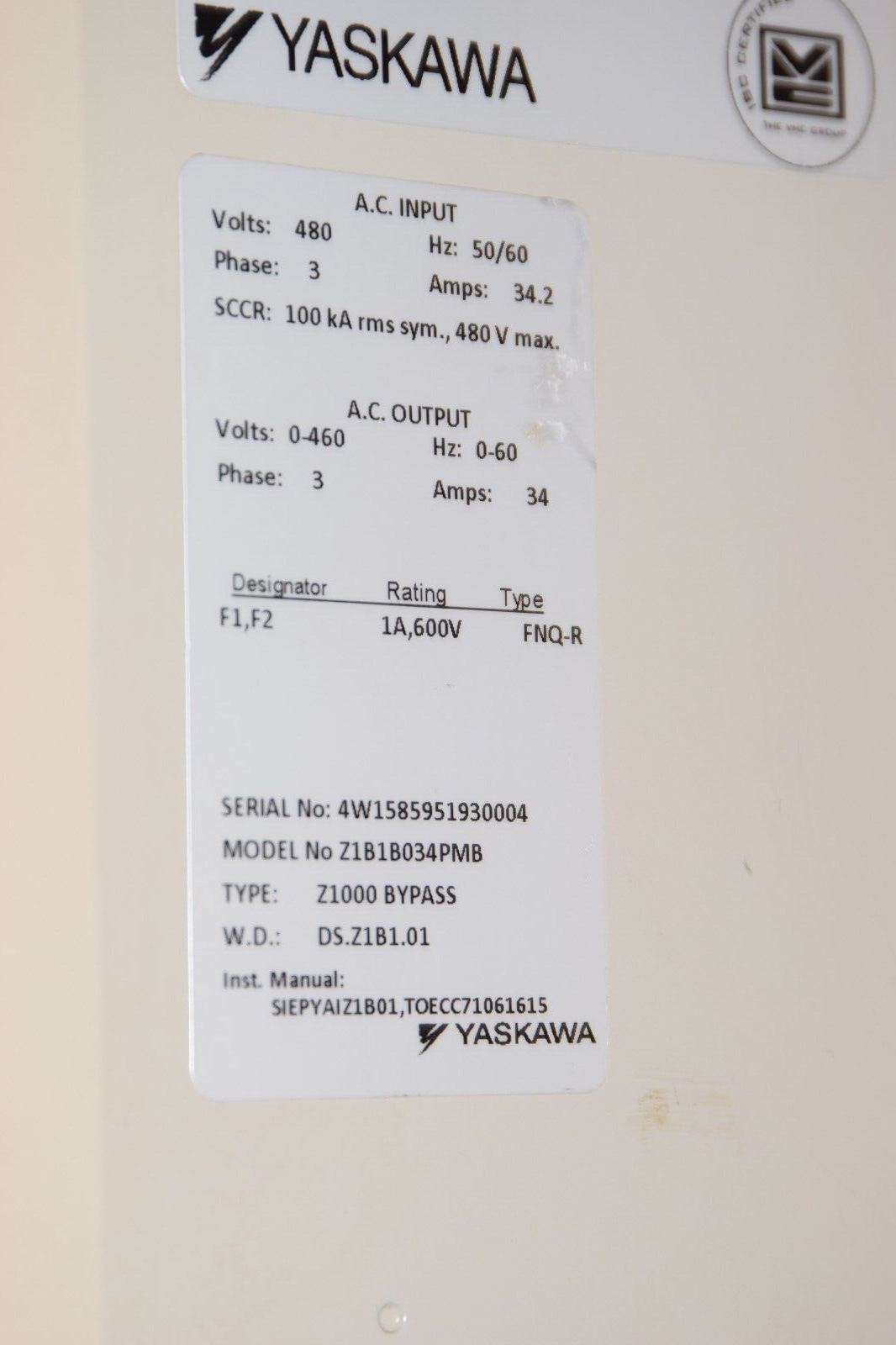 Yaskawa AC Drive Z1B1B034PMB Z1000 Bypass Inverter 3ph 480v 34a CIMR ...