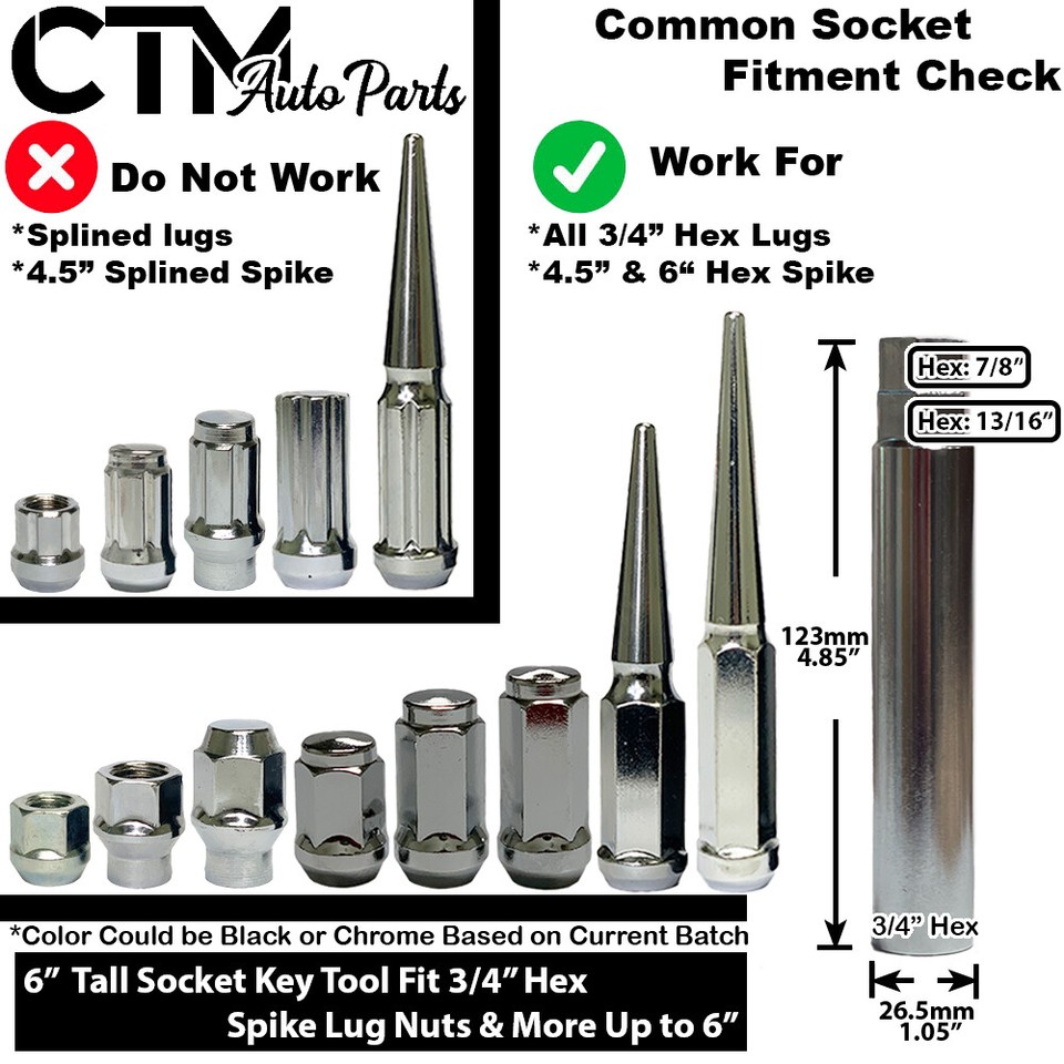 1Pc 6" TALL 3/4" HEX SPIKE LUG NUT SOCKET 6 INCH SPIKE LUG NUT KEY TOOL ...