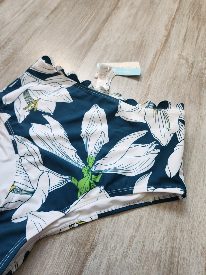 NWT Cupshe High Rise Bikini Swim Bottoms Blue White Tropical Scallop ...