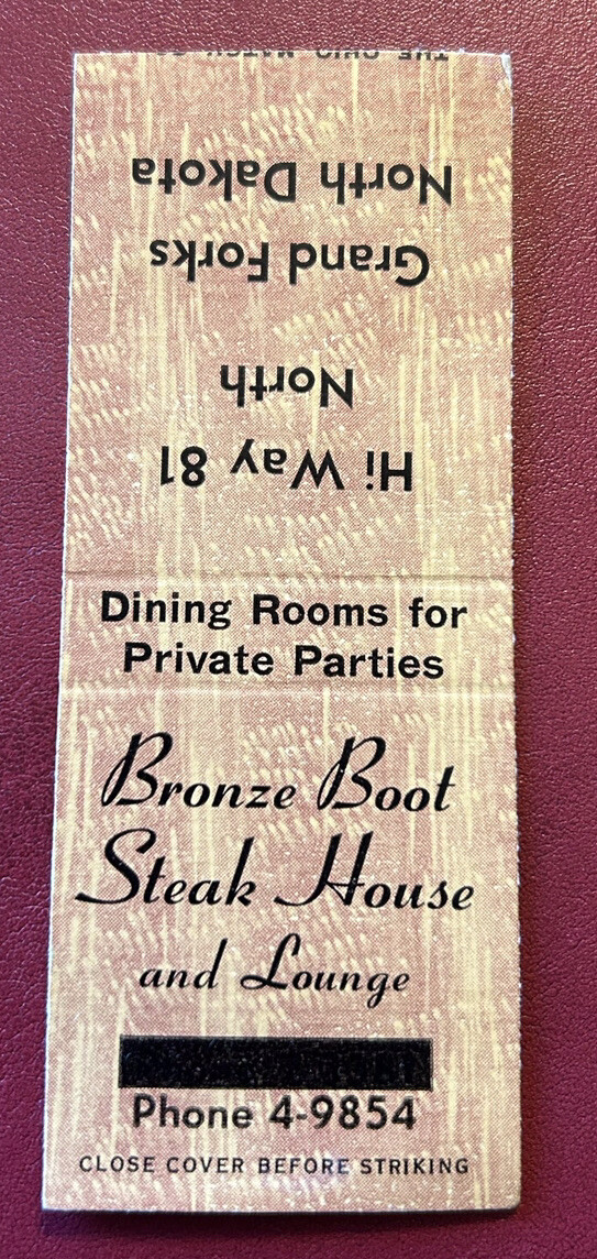 Matchbook Cover Bronze Boot Steak House and Lounge Grand Forks ND | eBay
