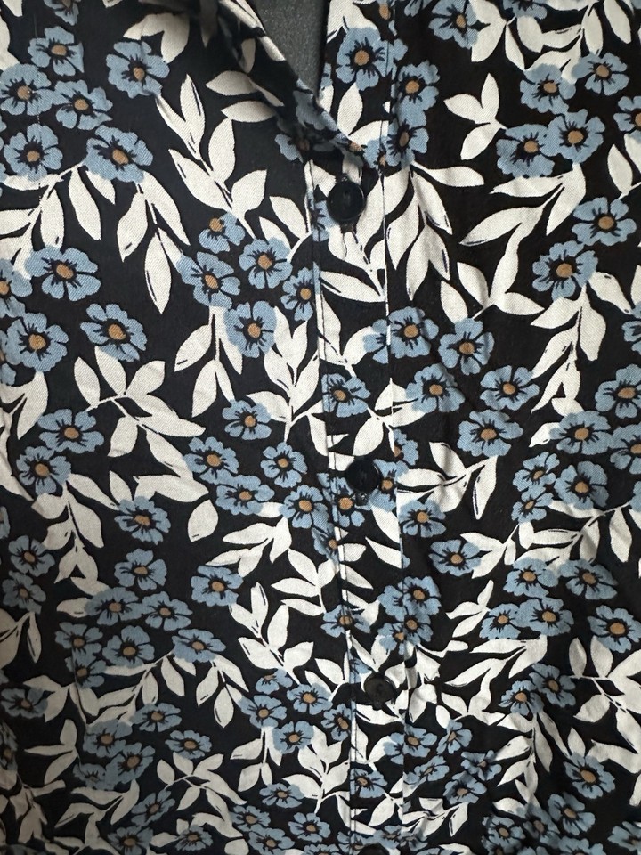 PRIMARK Black Blue White Floral Print Button Up Shirt Blouse Size 16 ...
