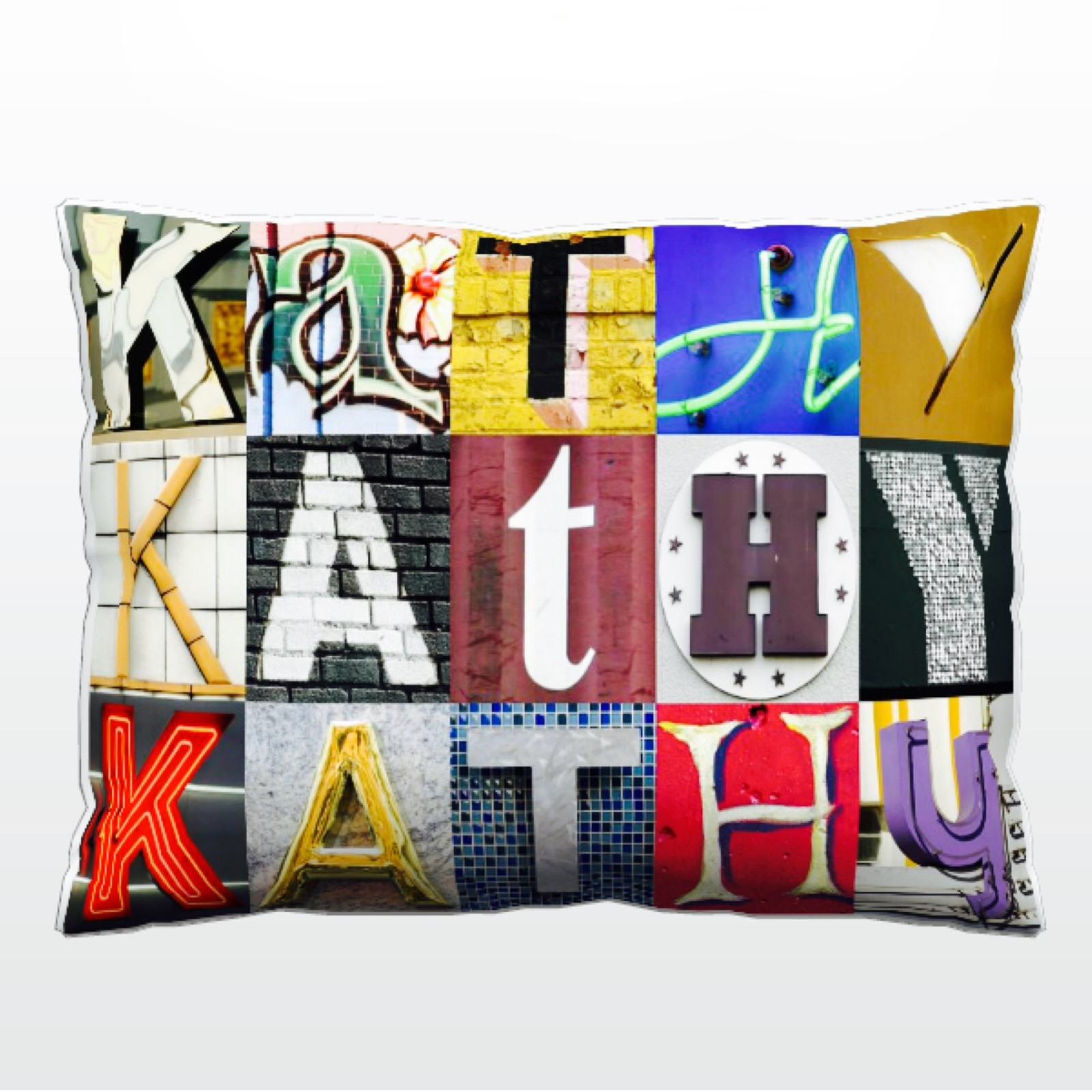 Personalized Pillow featuring the name KATHY in photos of sign letters ...
