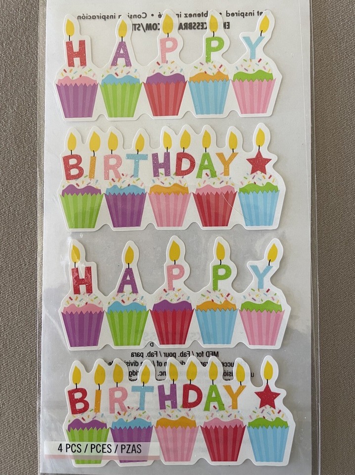 Sheet Of Sticko “Birthday Cakes” Stickers, Includes 4 Stickers, New In ...