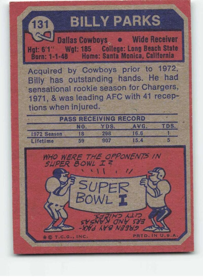 1973 Topps #131 Billy Parks G/VG Good/Very Good RC Rookie Cowboys ID ...