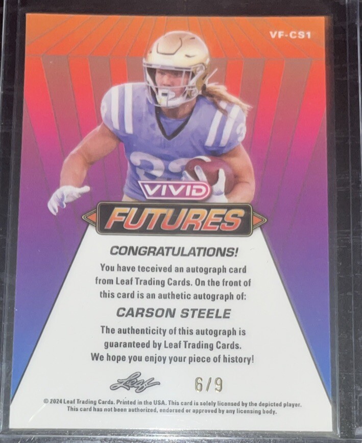 2024 Leaf Vivid Futures Mojo Autograph Auto #CS1 Carson Steele 6/9 ...