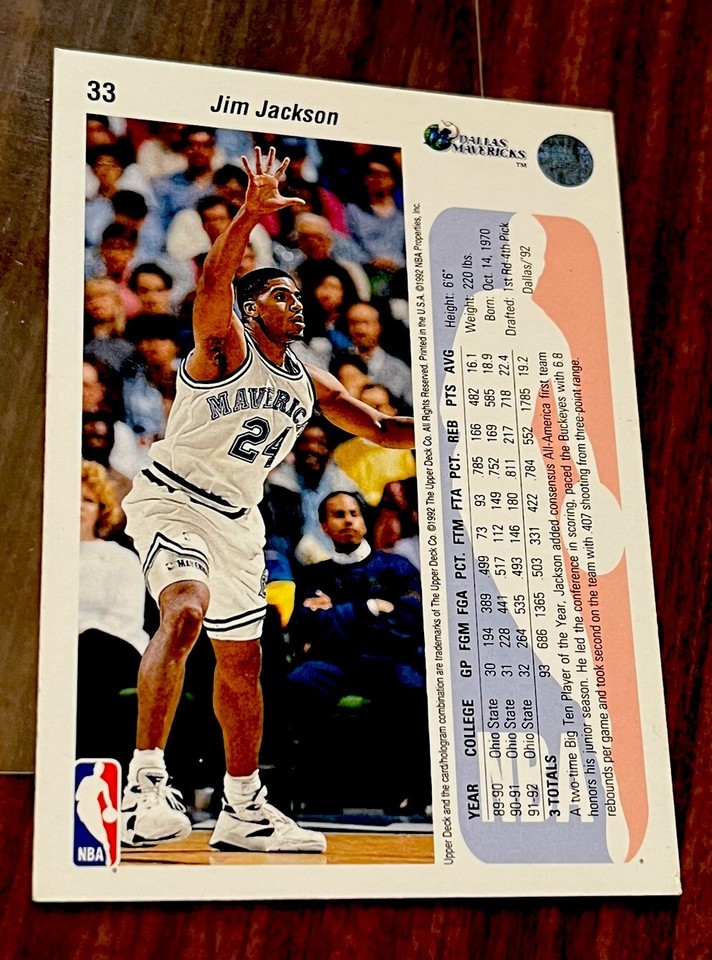 1992-93 Upper Deck Jim Jackson Rookie RC # 33 Dallas Mavericks | eBay