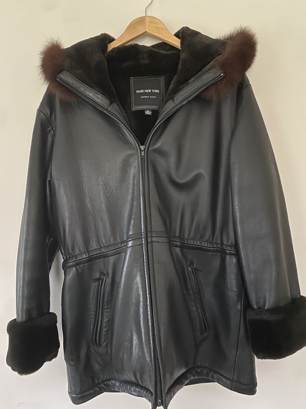 Woman’s Marc New York Black Leather Fox Fur Hooded Jacket Size M EUC ...