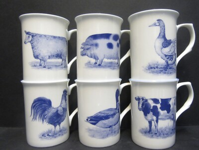 Set Of 6 Mugs Blue Farmyard Animals Cow Hen Duck Sheep Pig Fine Bone ...