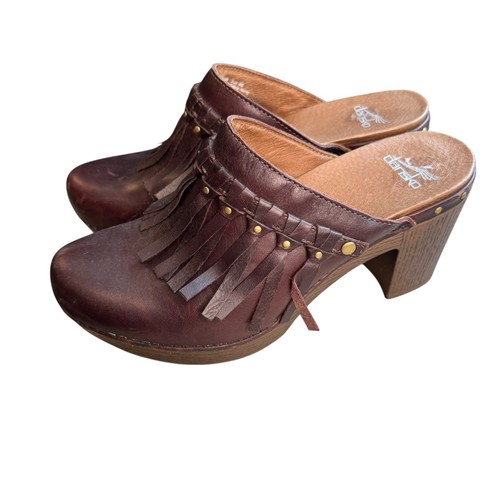 Dansko Brown Leather Deni Heeled Clog Mules Fringe Slip On 40 US 10 S2 ...