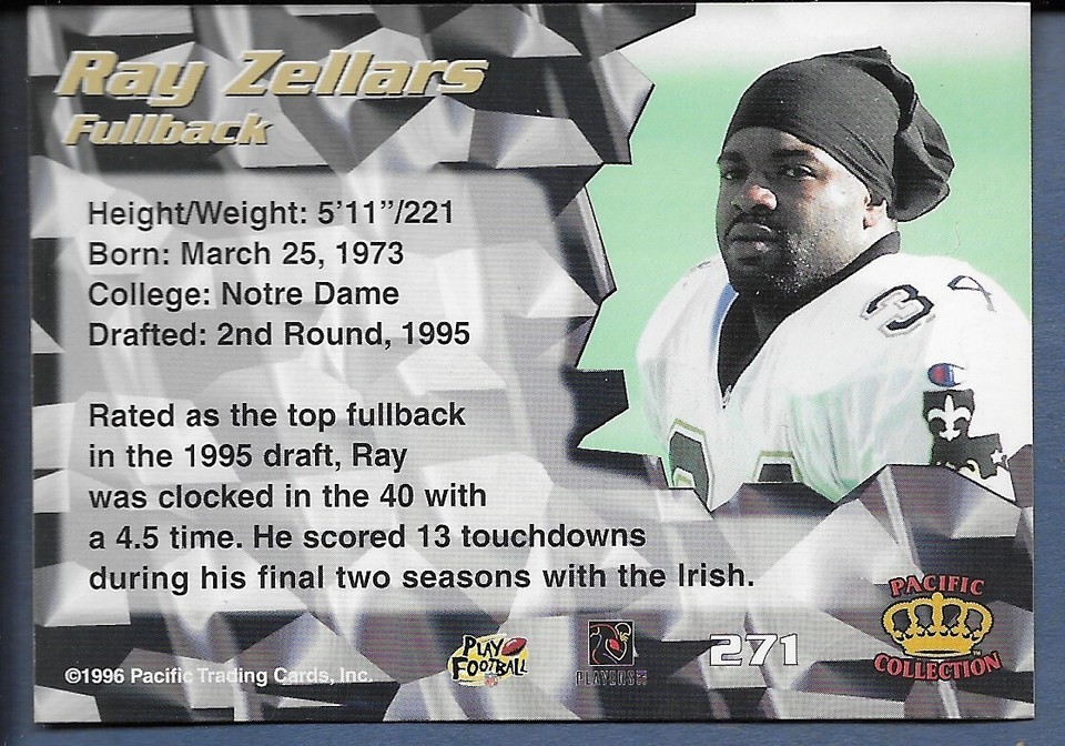 1996 Pacific Crown Collection Ray Zellars #271 SAINTS DP Rookie RC NM ...