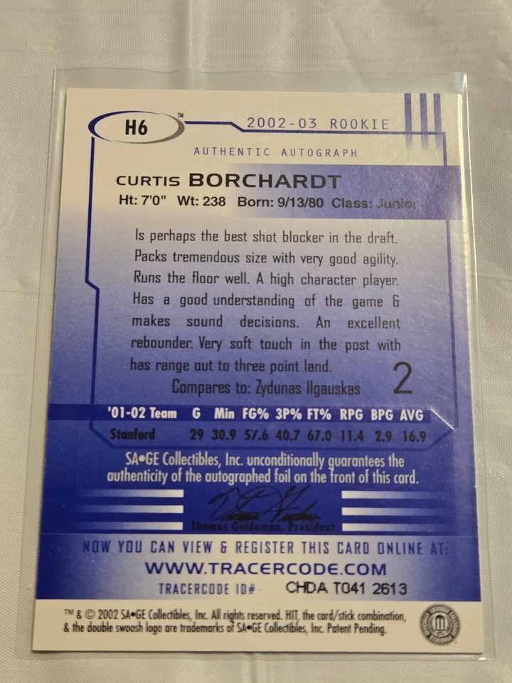 2002-03 SAGE Hit Gold Auto #D /250 Curtis Borchardt #H6 Rookie Auto RC ...