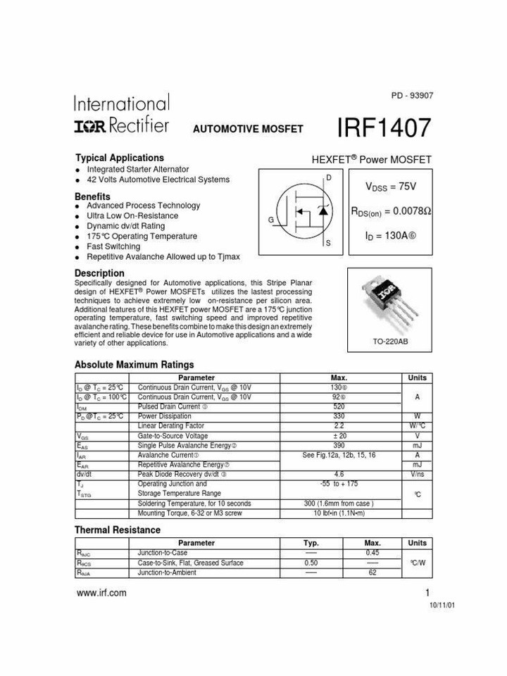 10pcs IRF1407 IRF 1407 Power MOSFET Transistor TO-220AB "IR" N CHANNEL ...