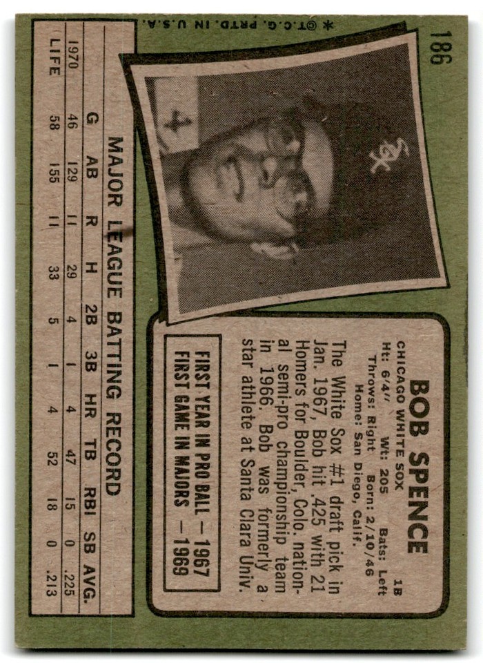 1971 Topps Bob Spence Rookie Chicago White Sox #186 | eBay