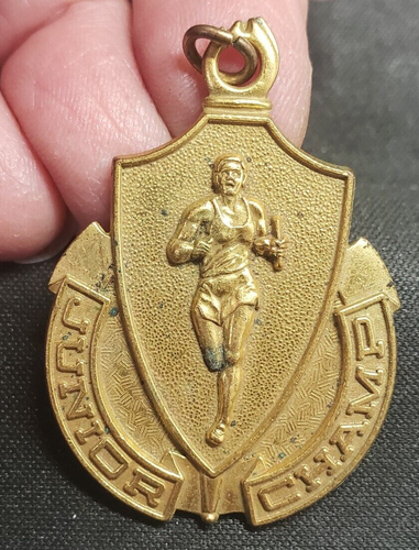 Gold Toned Metal Running Runner Track Junior Champ Award Medal Vintage ...