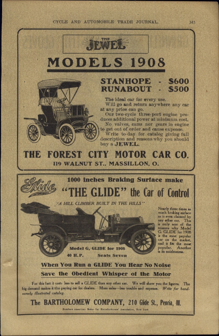 1907 PAPER AD CAR AUTO Jewel 1908 Stanhope Runabout Automobile Glide ...