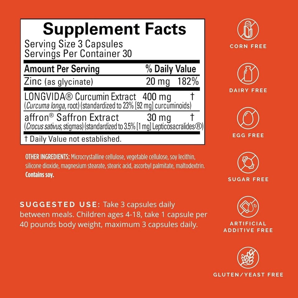 Happy Saffron Plus, 90 Vegan Capsules with Saffron Extract, Curcumin ...