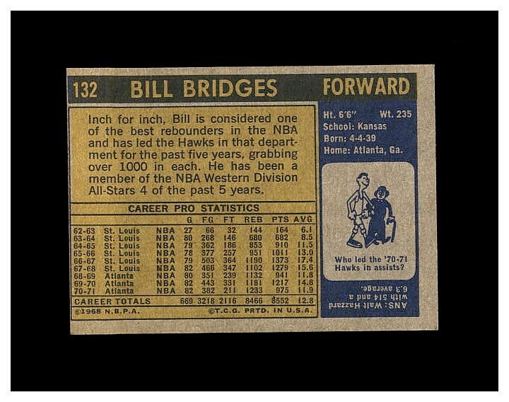 1971-72 TOPPS BASKETBALL CARD ATLANTA HAWKS #132 BILL BRIDGES NR.MINT ...