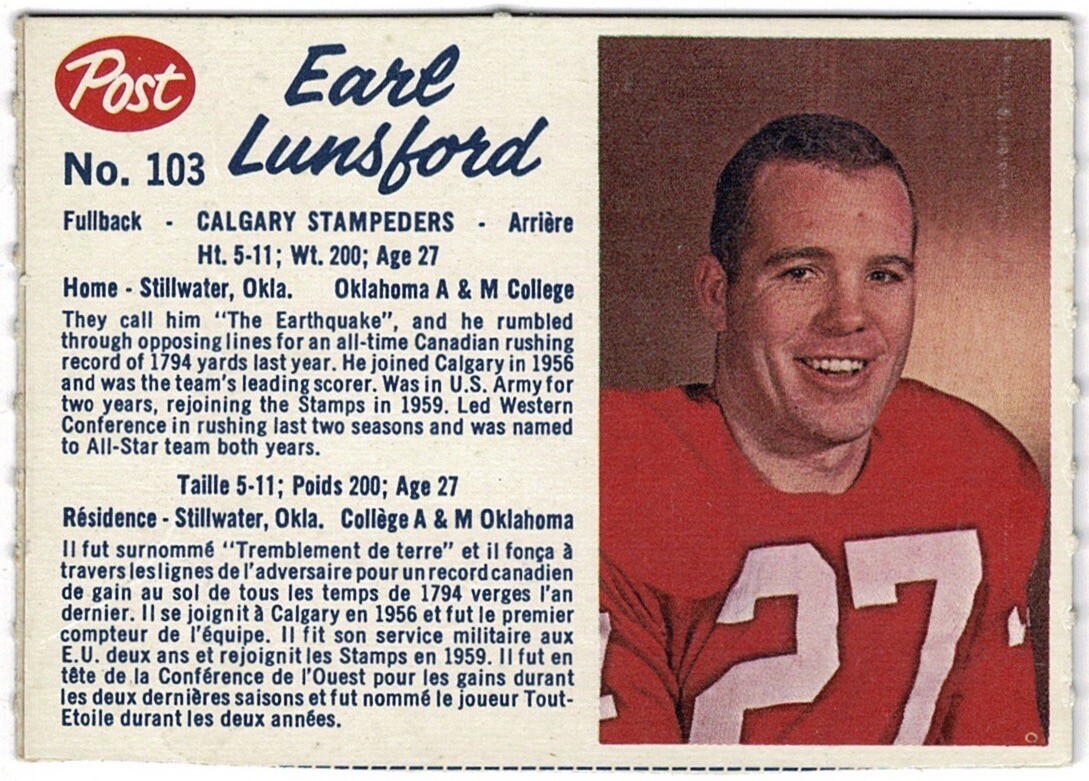 1962 Post Cereal Earl Lunsford CFL card #103 Oklahoma A&M | eBay
