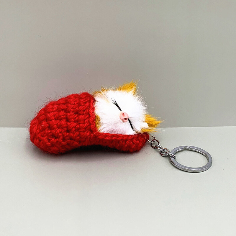 Cute Sleeping Cat Pompom Keychains Rings Car Fluffy Chains Key Kitten ...