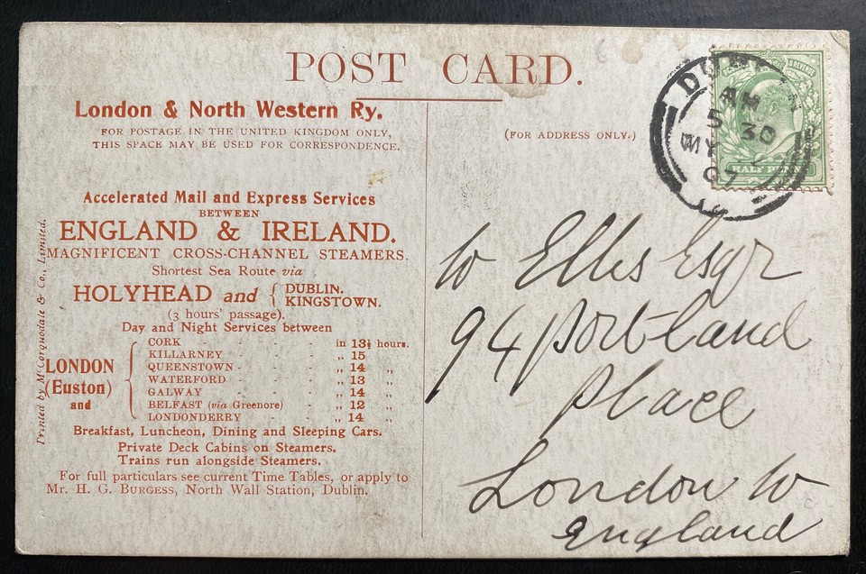 1907 Dublin Ireland Picture Postcard Cover To London England SS ...