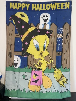 Tweety Bird Halloween Decor Yard House Flag Witch Ghost Fall VTG 28”x42 ...