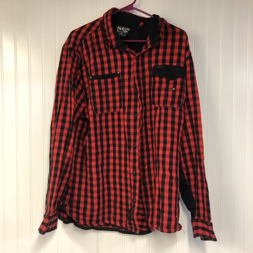 Parish Nation Button Up Shirt Men Sz 2XL Red Plaid Flannel Patches Long ...