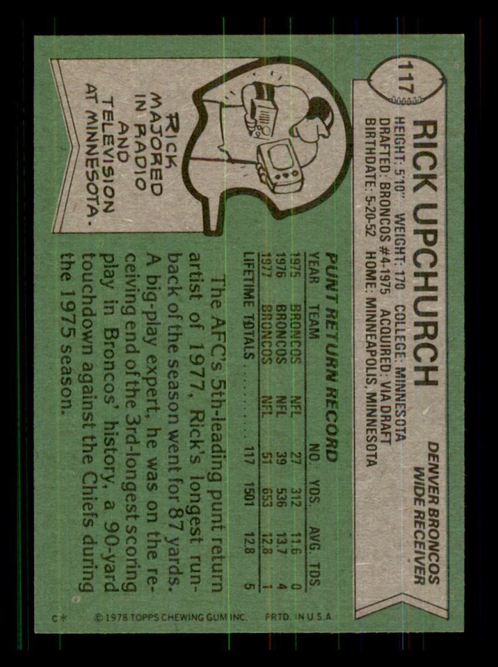 1978 Football Topps Rick Upchurch Denver Broncos #117 3 | eBay