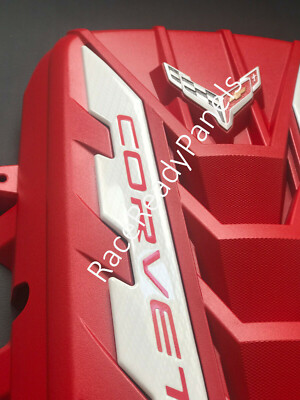 2020/24 CORVETTE C8 ENGINE COVER TORCH RED SILVER EMBLEM CARBON FIBER ...