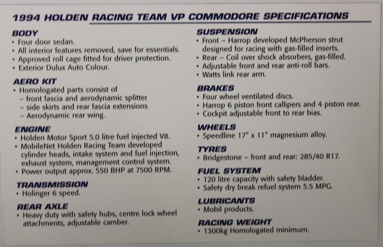 Peter Brock Holden Racing Team HRT VP Commodore 1994 Specifications ...