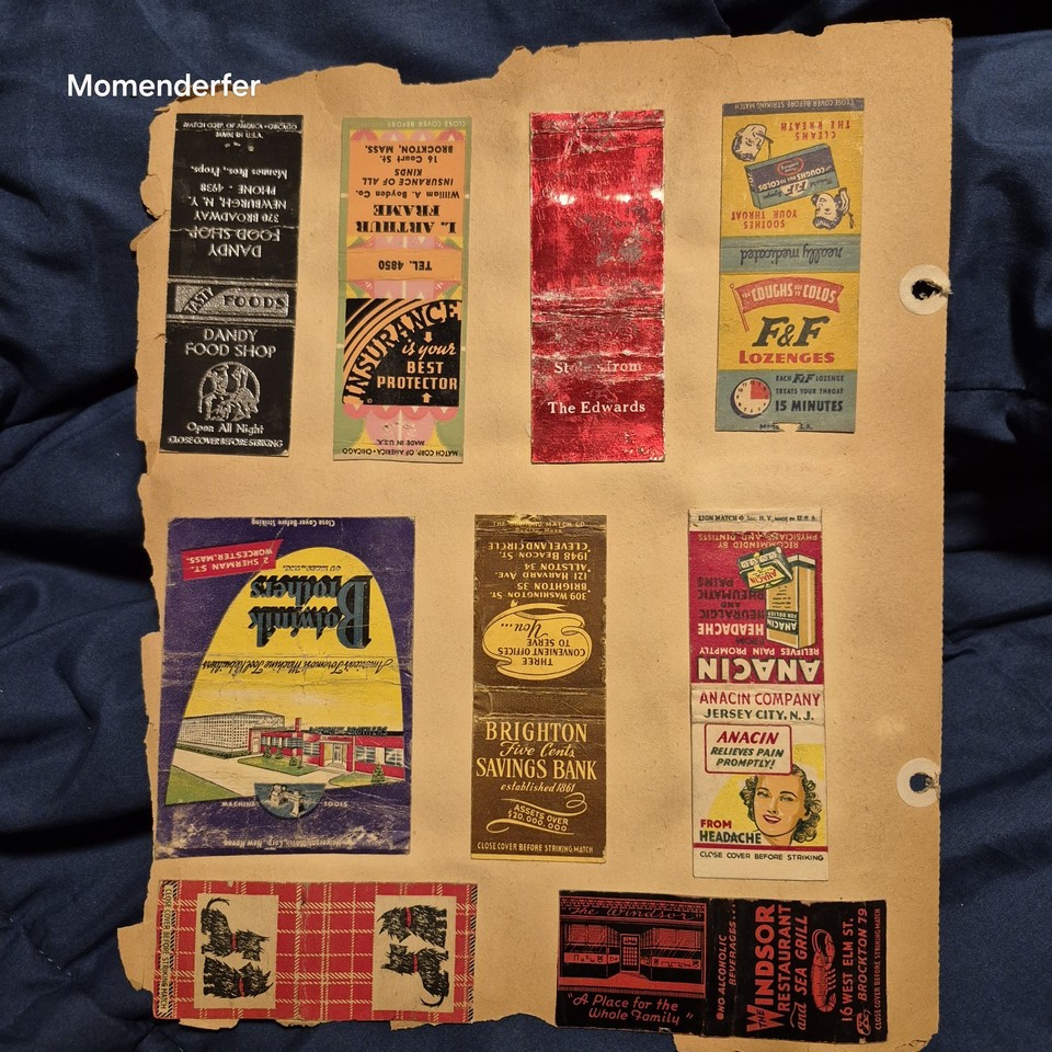 19pc Lot Vintage Advertising Matchbook Match Covers Pasted On Page, Art ...