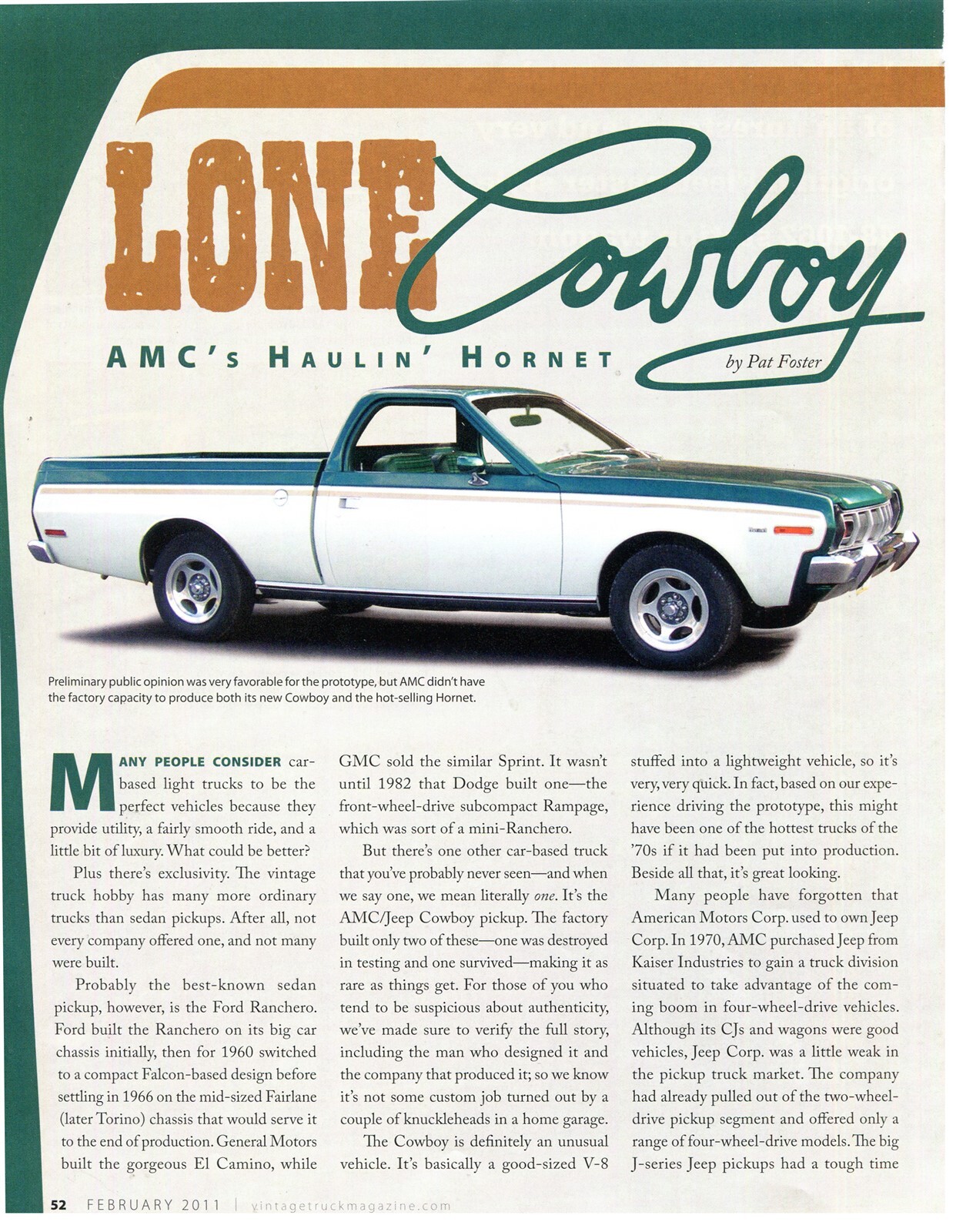 AMC JEEP HORNET GREMLIN COWBOY PICKUP PROTOTYPE 4 pg Article | eBay