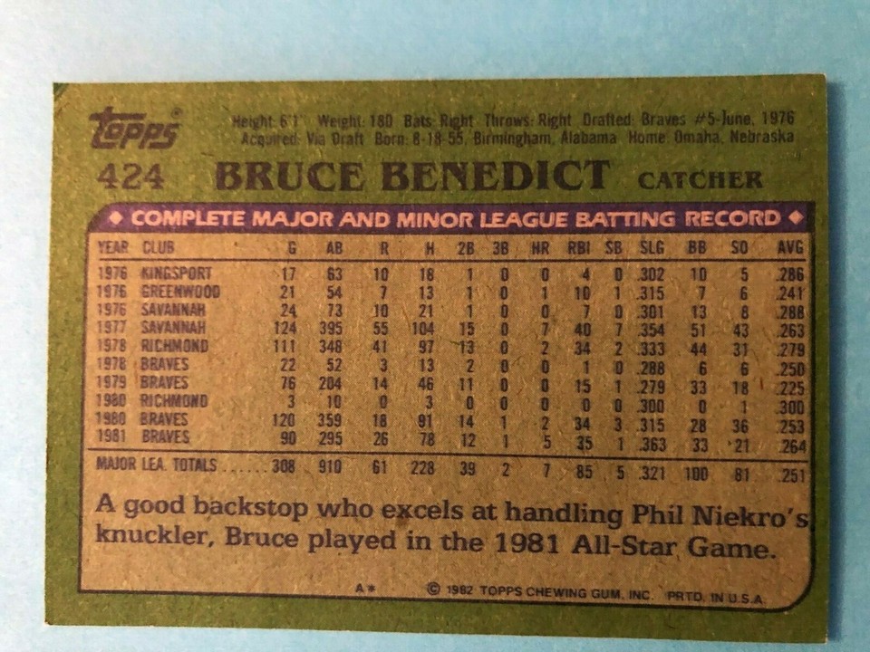 1982 Topps Baseball Card #424 Bruce Benedict Atlanta Braves | eBay